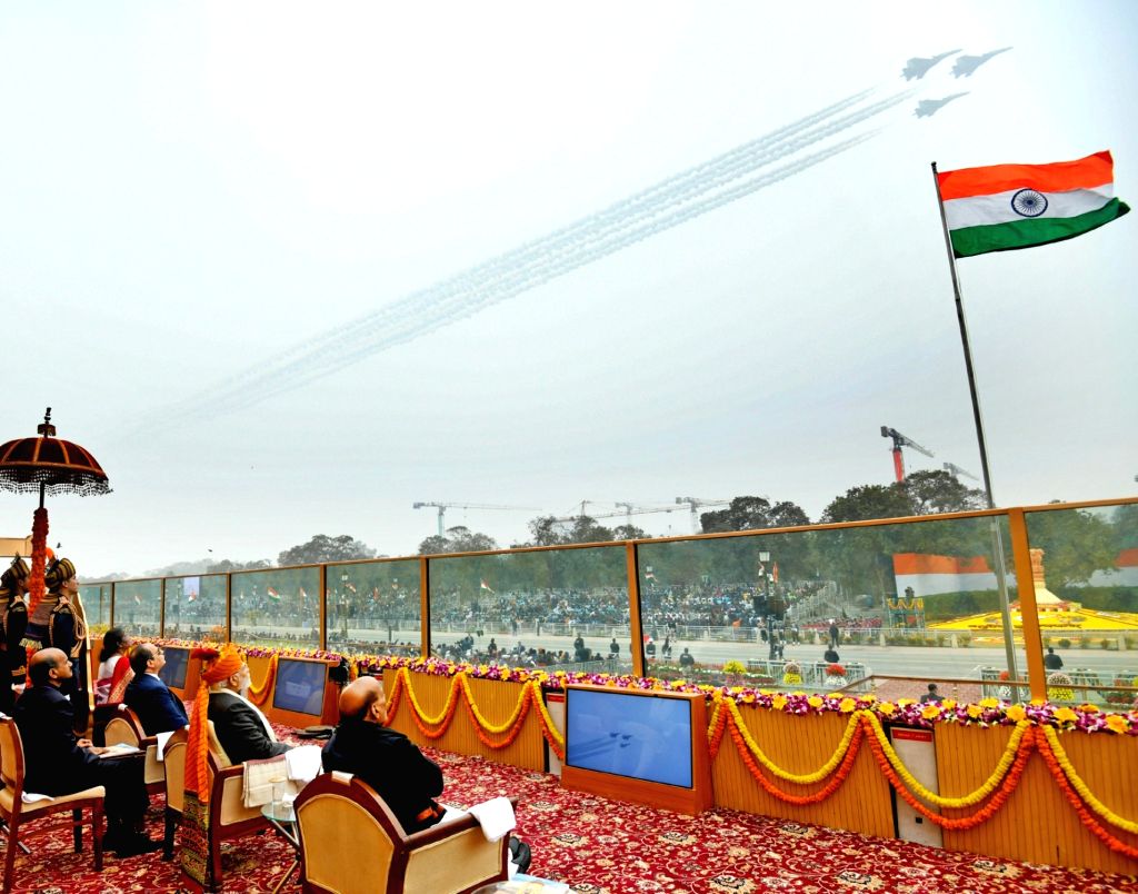 New Delhi : Indian Air Force's Sukhoi aircrafts fly past during during ...