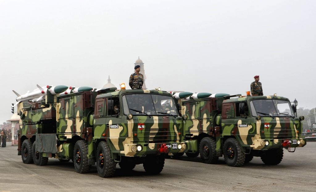 Indian army vehicle with missiles during the rehearsal