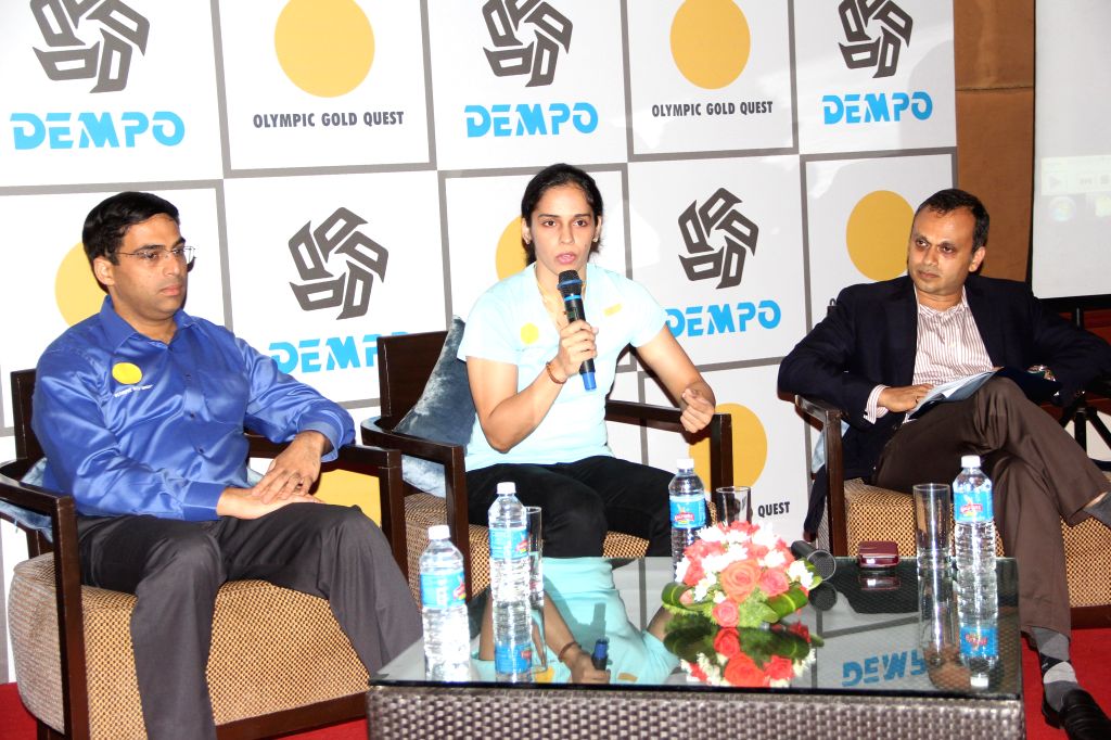 Saina Nehwal and Viswanathan Anand during a press conference