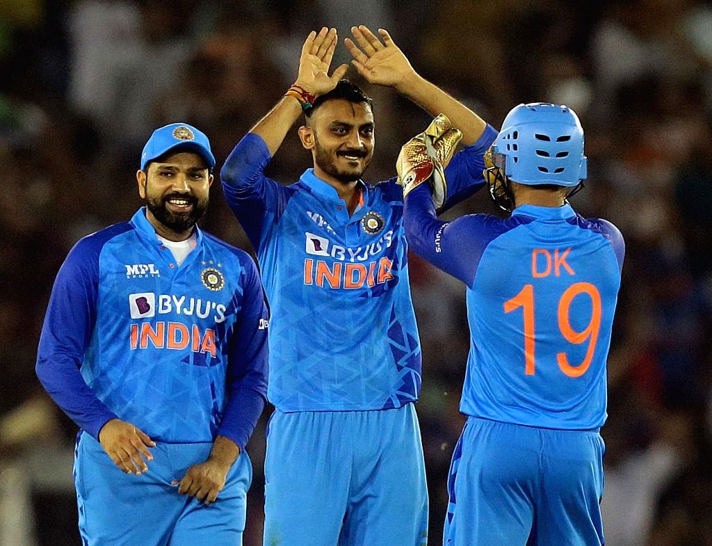 :Mohali: Indian bowler Axar Patel celebrates the wicket of Australian ...