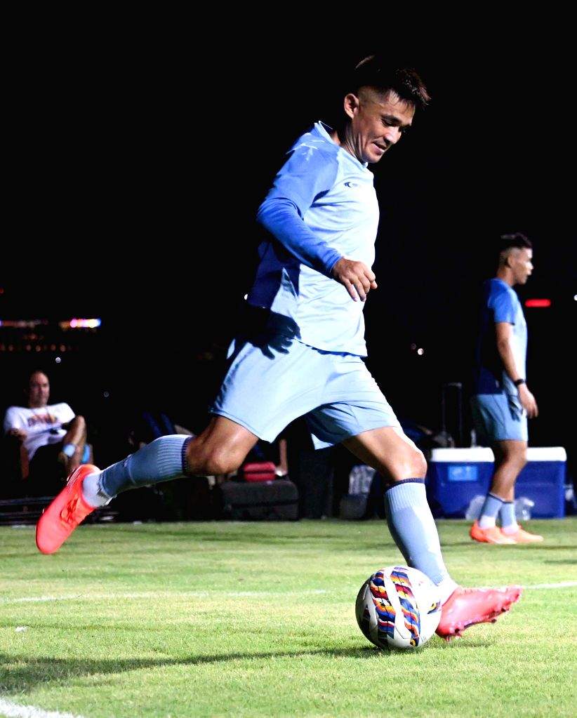 Indian football captain Sunil Chhetri during a practice session ahead ...