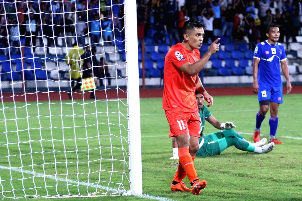 Bengaluru : Indian team captain Sunil Chhetri (Orange) celebrates after ...
