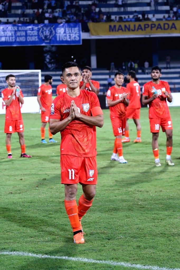 Indian team captain Sunil Chhetri with teammates celebrate after ...