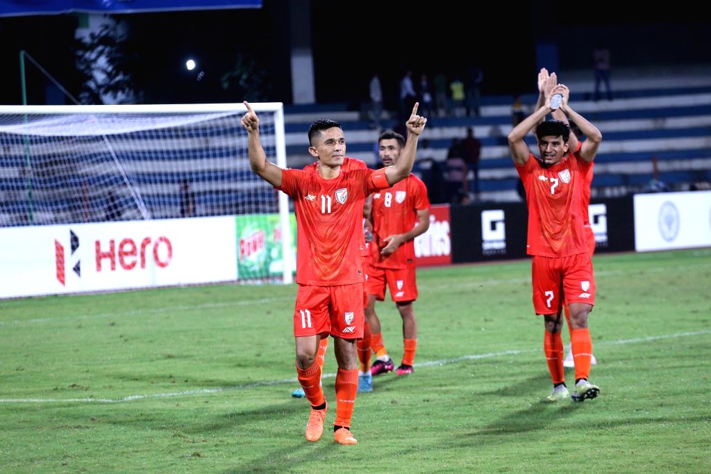 Indian team captain Sunil Chhetri with teammates celebrate after ...