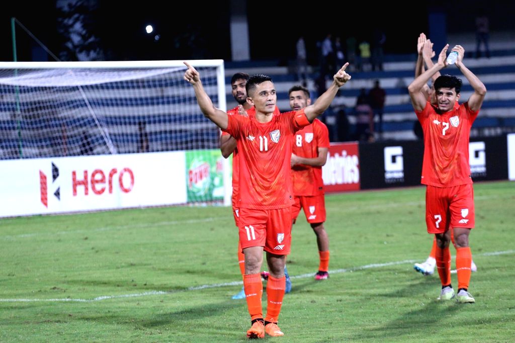 Indian team captain Sunil Chhetri with teammates celebrate after ...