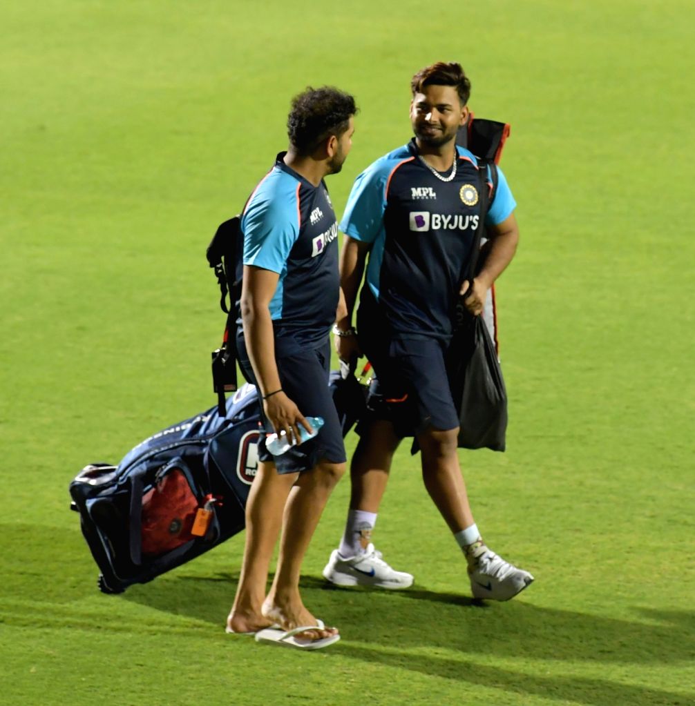 :Dubai:Indian team players Rohit Sharma and Rishav Pant arrive for ...