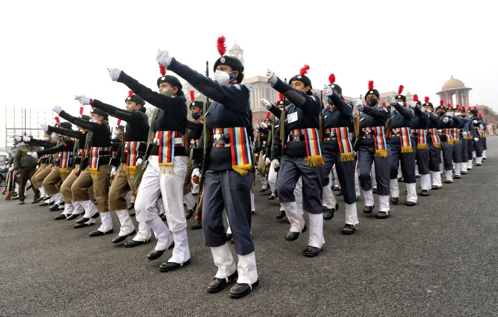 Indian Women soldiers march during the rehearsal