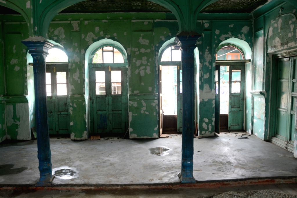 Interior view of the building where restoration work is going on. Also ...