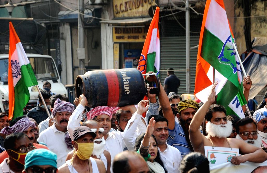 INTUC activists took part in a protest rally against fuel and essential ...
