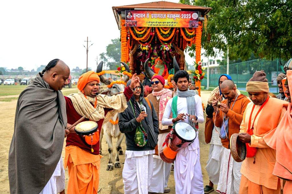 Iskcon devotees from Vrindavan take part in a religious procession