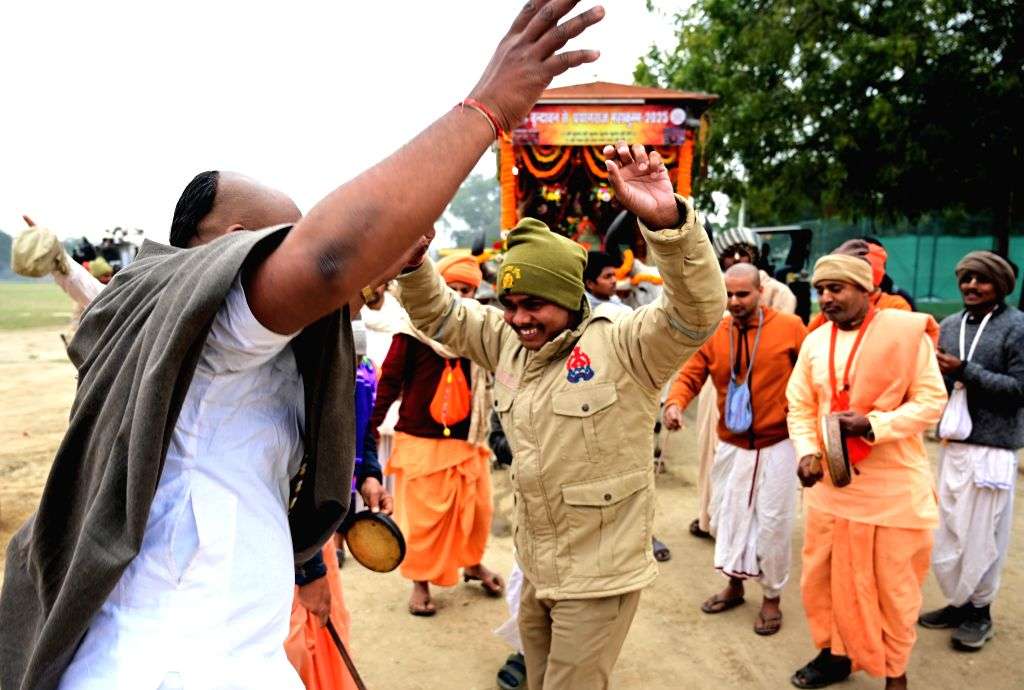Iskcon devotees from Vrindavan take part in a religious procession
