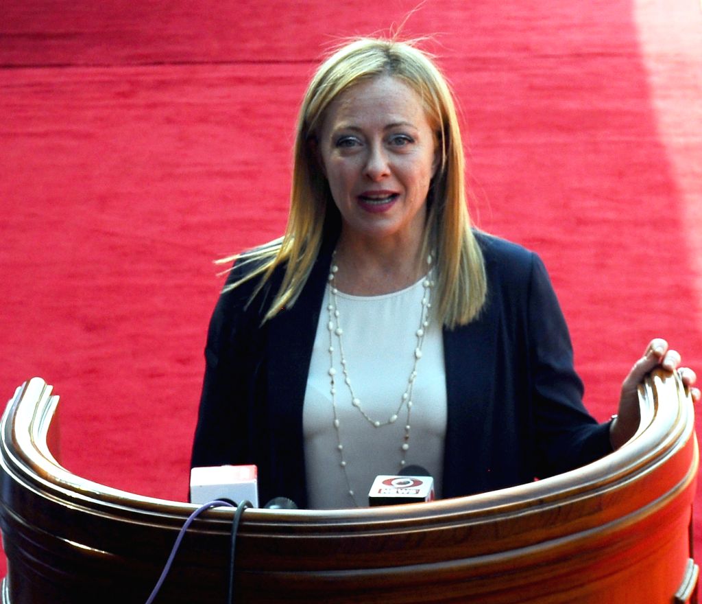 Italian Prime Minister Giorgia Meloni addresses the media