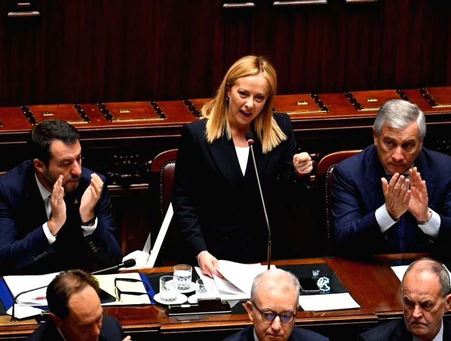 Italian Prime Minister Giorgia Meloni (C) addresses the lower house of ...