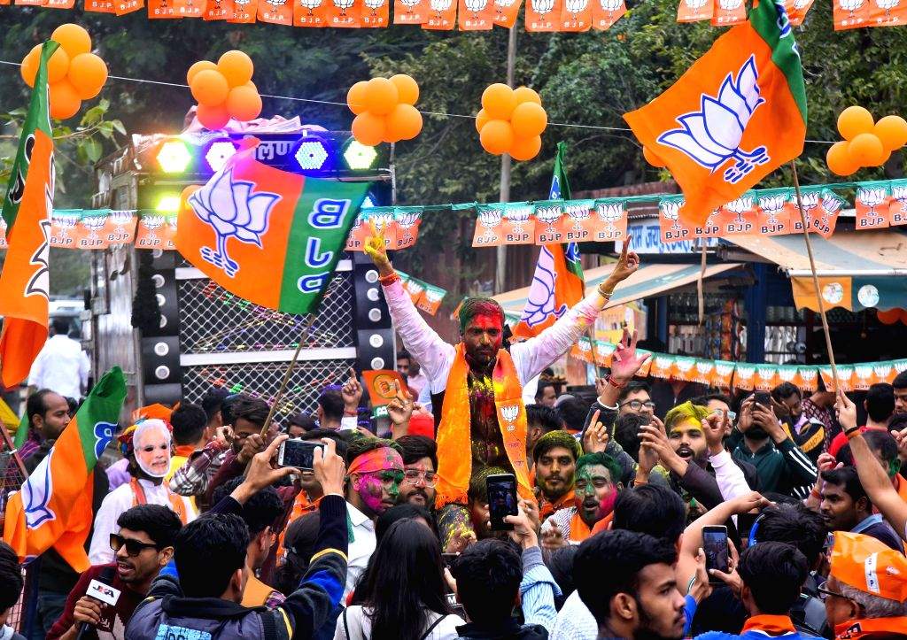 Jaipur : BJP workers and supporters celebrate the party's lead