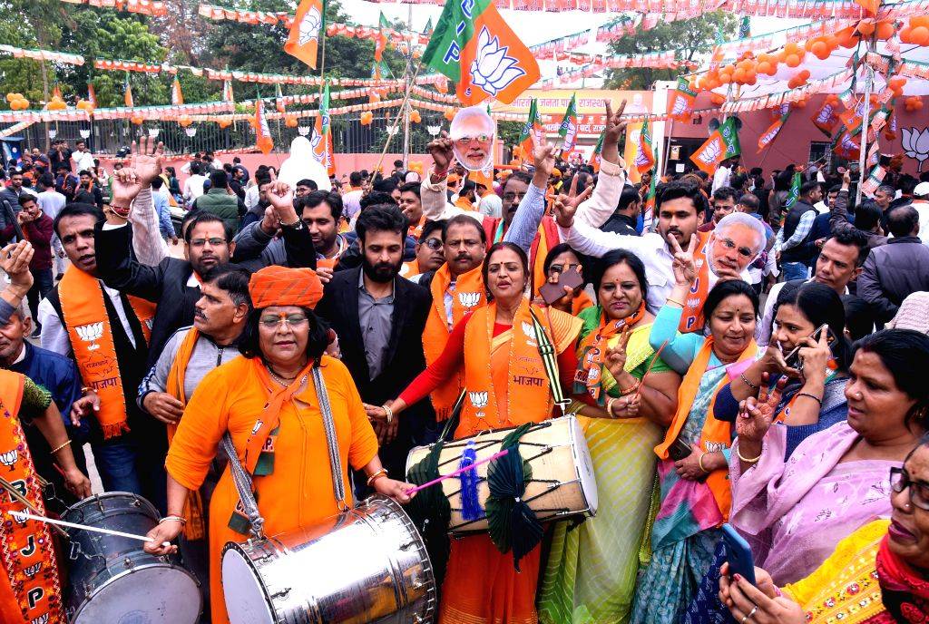 Jaipur : BJP workers and supporters celebrate the party's lead