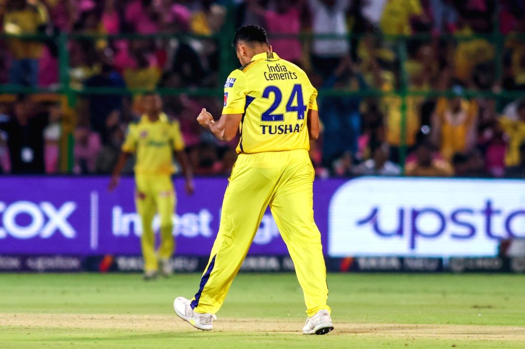 Jaipur : CSK's Tushar Deshpande celebrates the dismissal of Sanju Samson