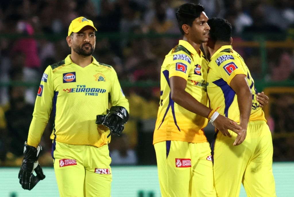 Jaipur : CSK's Tushar Deshpande celebrates the dismissal of Sanju Samson