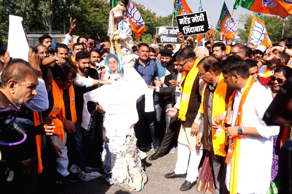 Rajasthan BJP President Satish Poonia with party supporters stage a protest