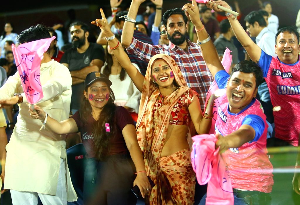 Jaipur : Rajasthan Royals fans cheers for the team during the match