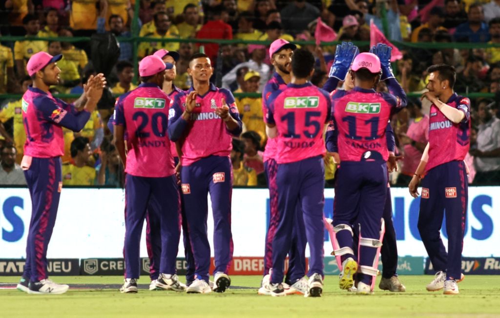 Jaipur : Rajasthan Royals players celebrates the dismissal of Devon Conway