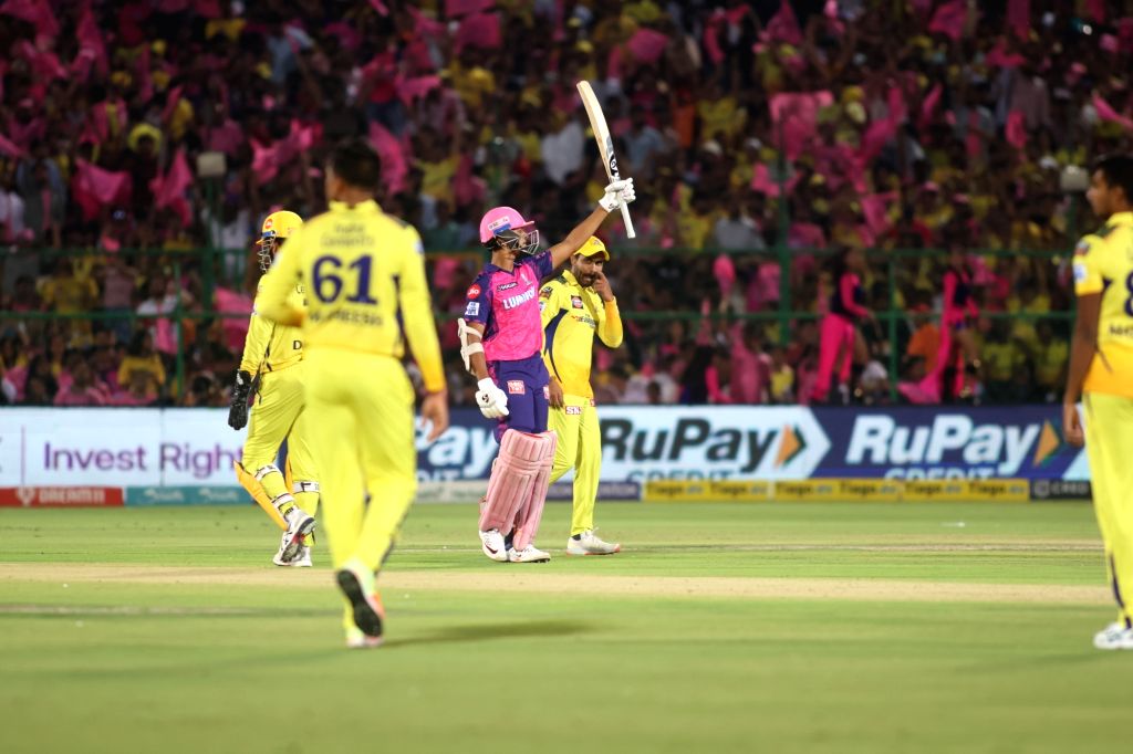 Jaipur : Rajasthan Royals' Yashasvi Jaiswal celebrates his half-century