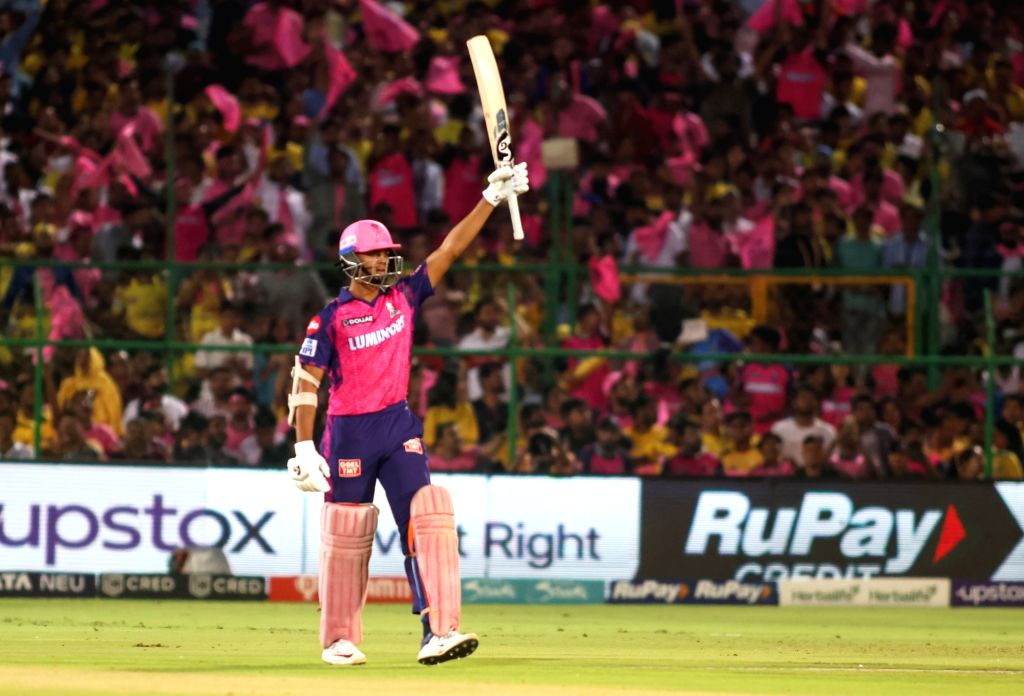 Jaipur : Rajasthan Royals' Yashasvi Jaiswal celebrates his half-century