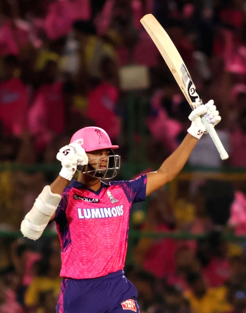 Jaipur : Rajasthan Royals' Yashasvi Jaiswal celebrates his half-century