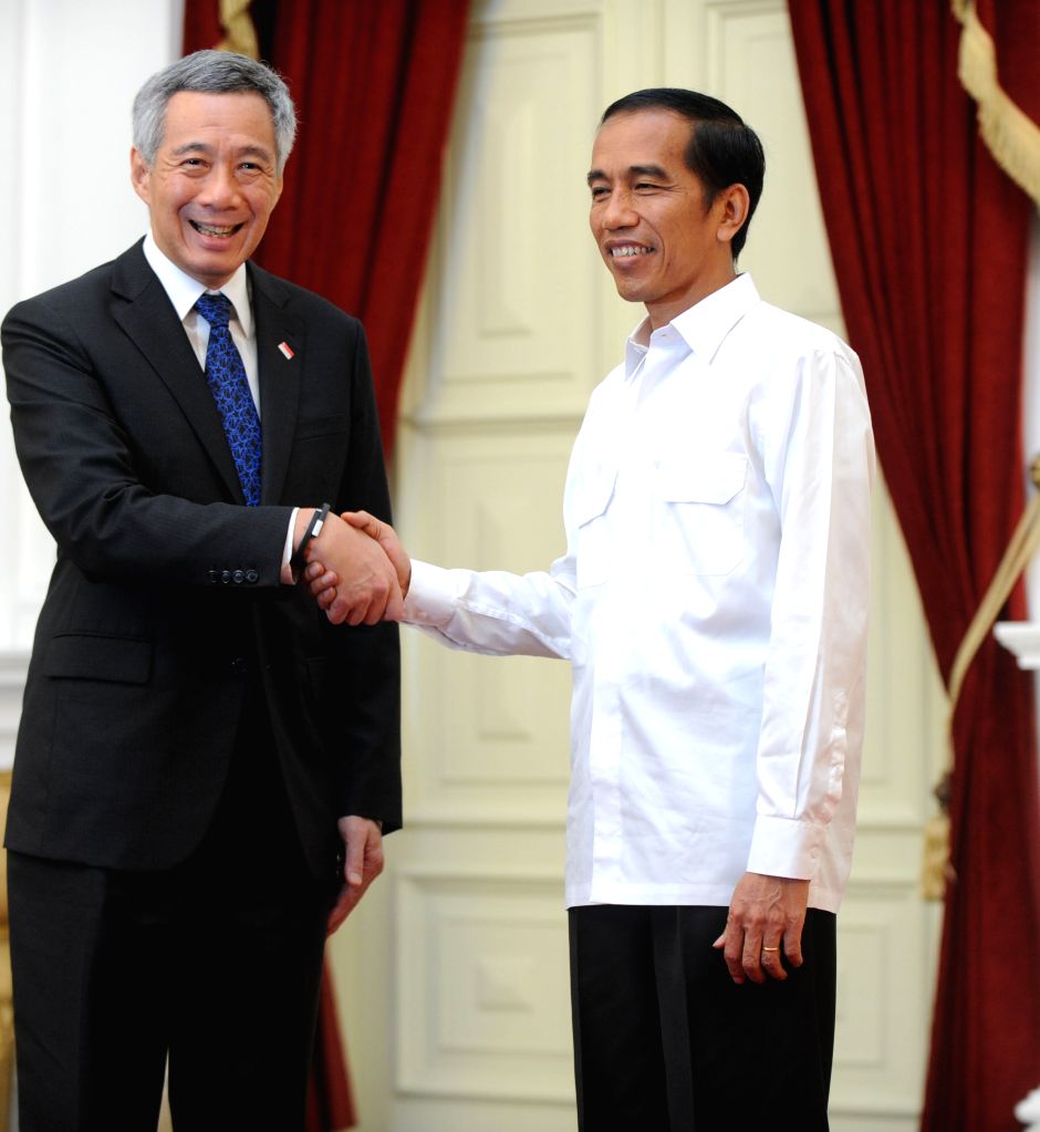 Joko Widodo shakes hands with Lee Hsien Loong