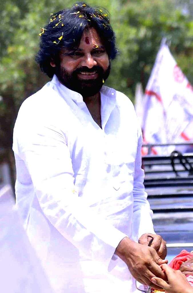 Jana Sena Party President Pawan Kalyan greets the crowd during the ...