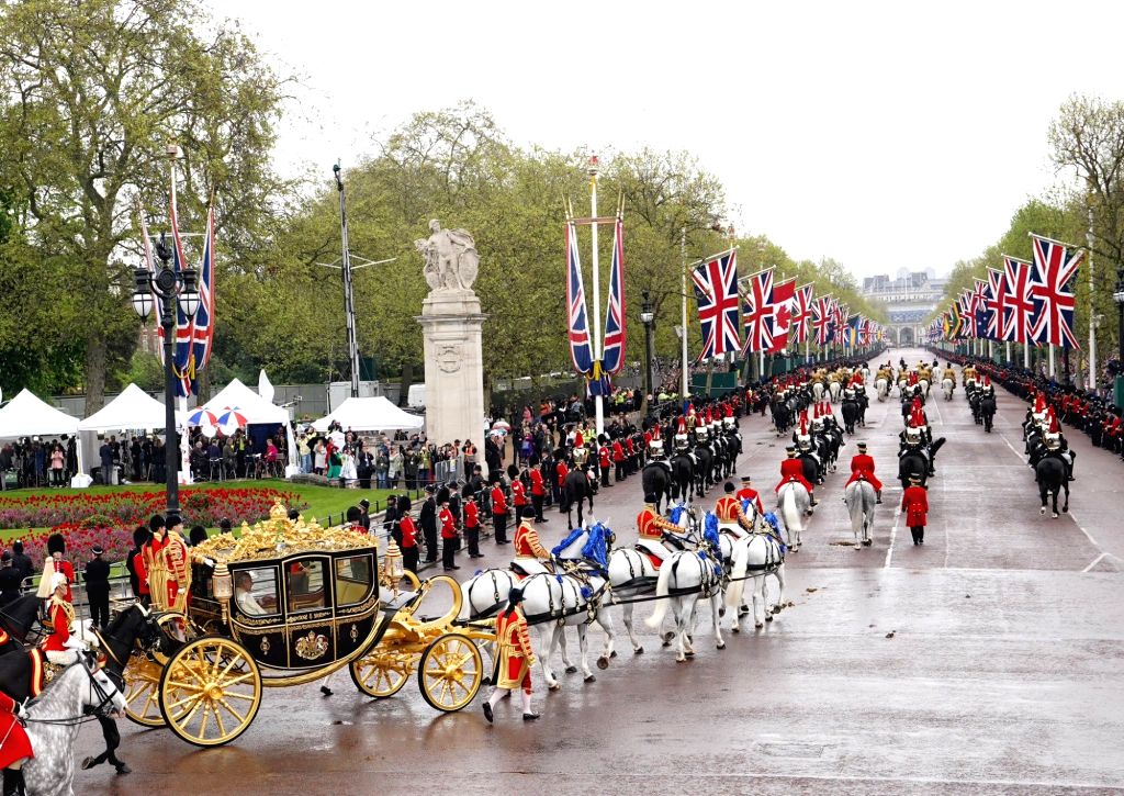 King Charles III and his wife Camilla on their way to Westminster Abbey