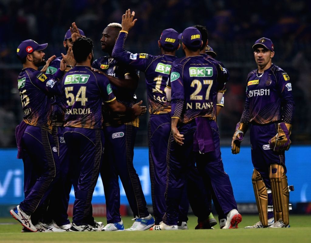 KKR's Andre Russell with teammates celebrate the wicket of SRH's Mayank ...