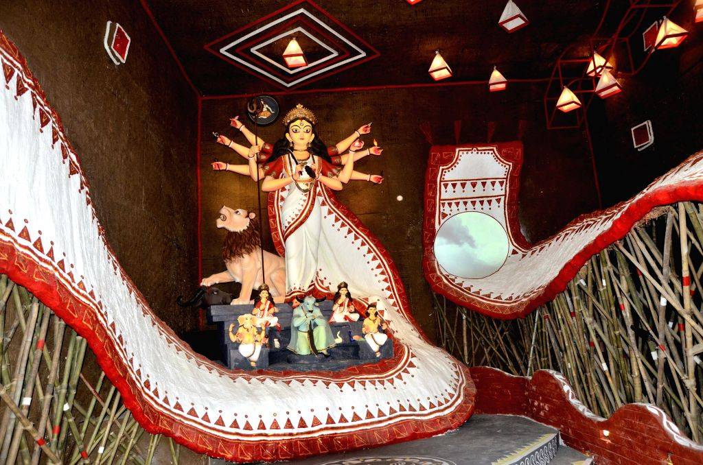 Kolkata An Idol Of Goddess Durga At A Community Puja Pandal During