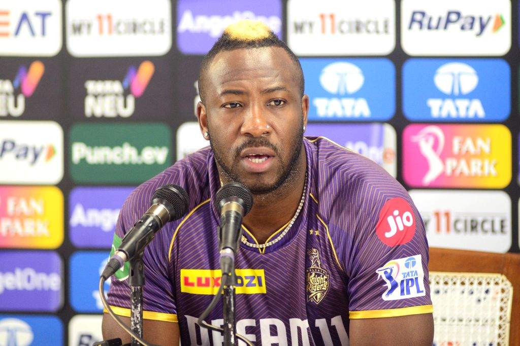Kolkata Knight Riders player Andre Russell addresses a press conference ...