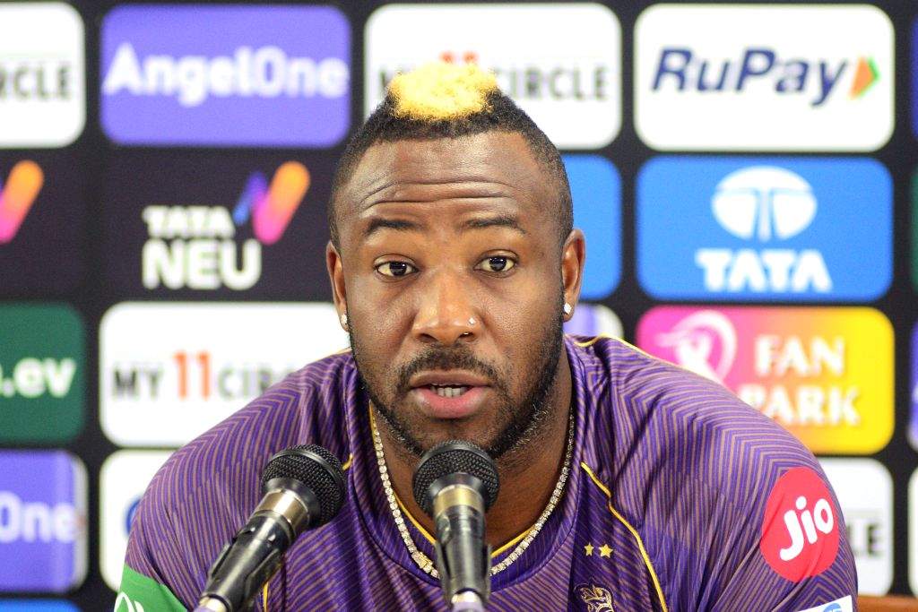 Kolkata Knight Riders player Andre Russell addresses a press conference ...