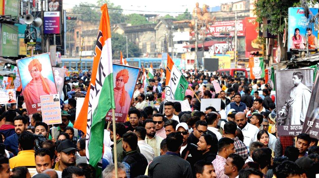 Kolkata : Members of Trinamool Youth Congress take out a protest march in