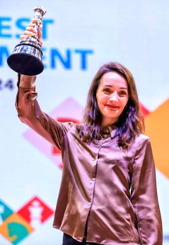 Russian chess Grandmaster Kateryna Lagno poses with her trophy after ...