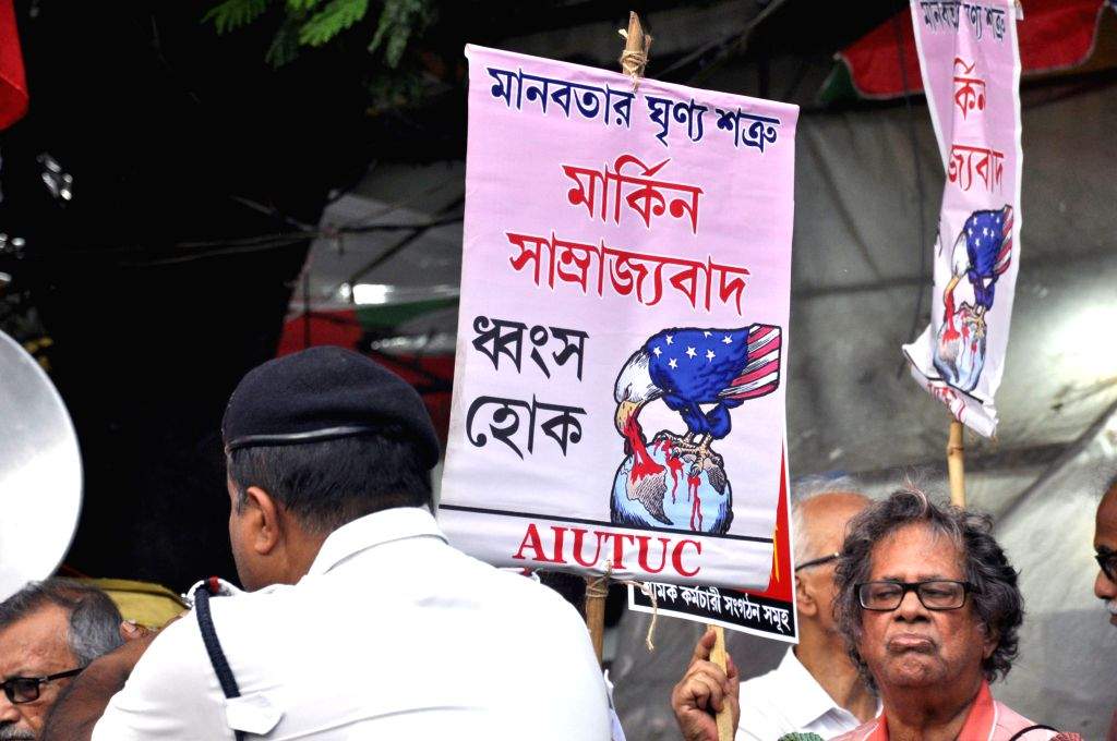 Left trade union leaders and activists take out a protest march