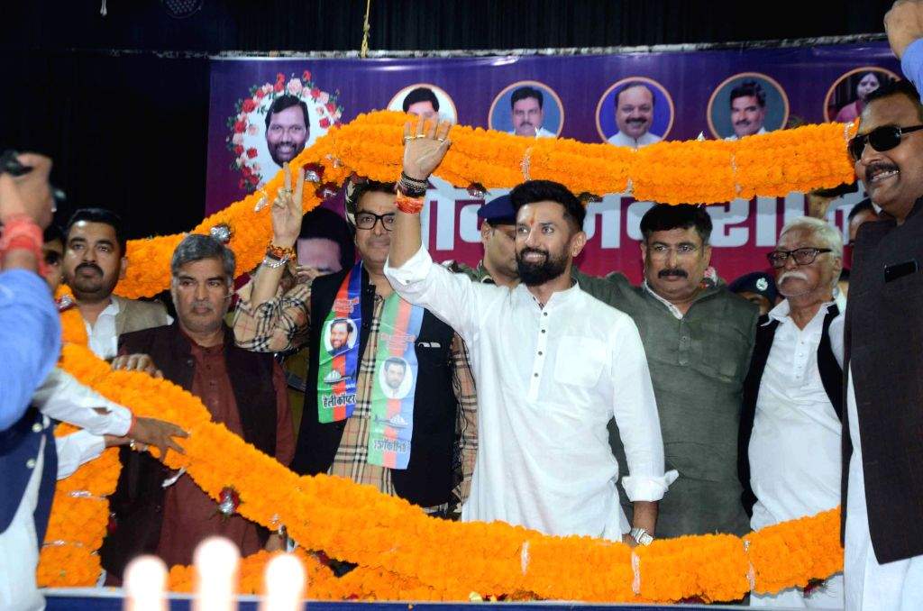 Lok Janshakti Party (Ram Vilas) chief Chirag Paswan being garland by ...