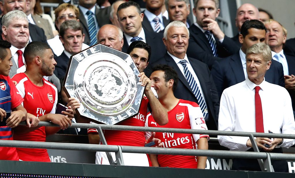 Celebrate after the Community Shield match between Arsenal and Manchester