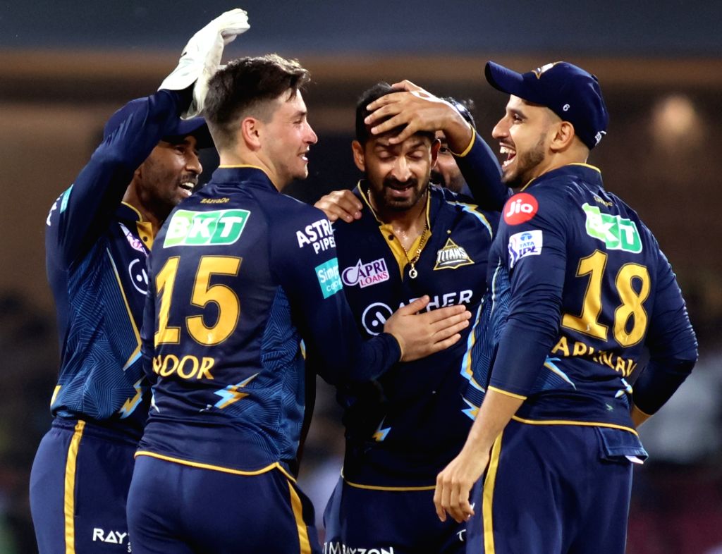 Lucknow : GT players celebrate after winning the IPL 2023 match against LSG
