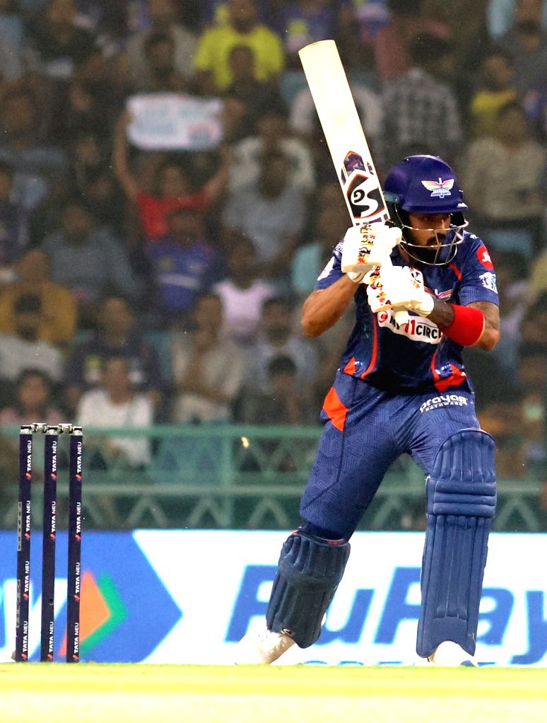 Lucknow : LSG captain KL Rahul plays a shot