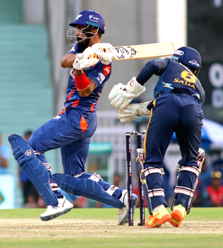 Lucknow : LSG captain KL Rahul plays a shot