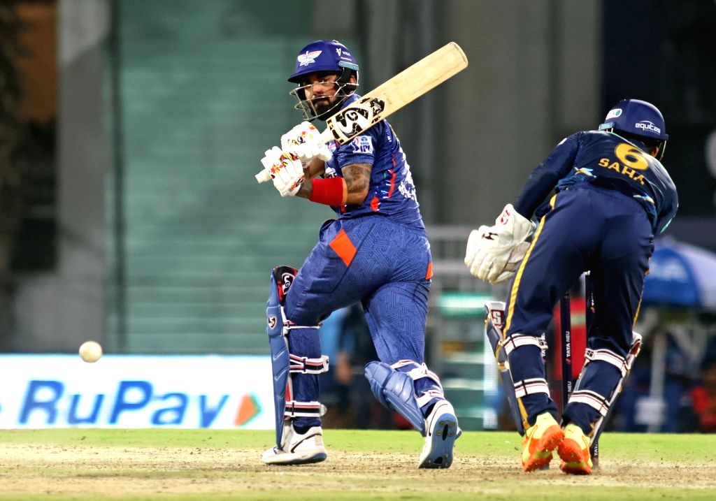 Lucknow : LSG captain KL Rahul plays a shot