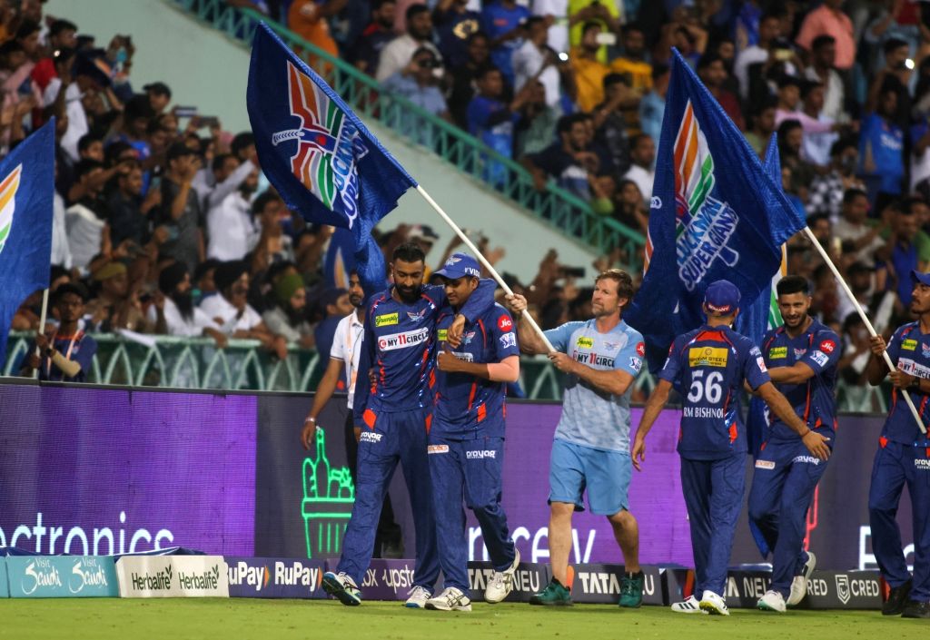 : Lucknow : Lucknow Super Giants captain Krunal Pandya with teammates ...