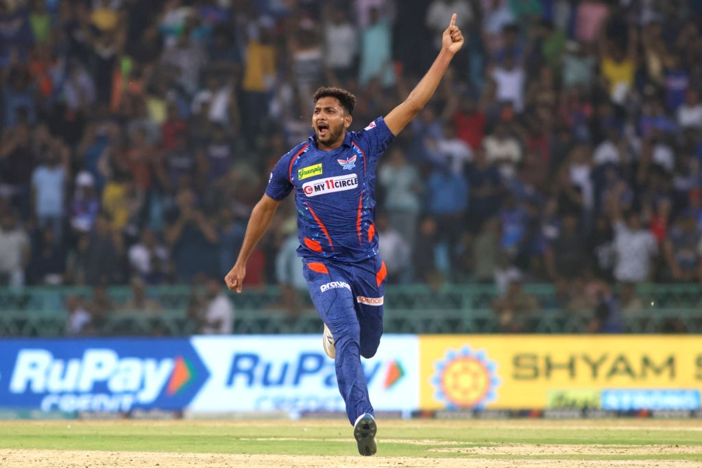 : Lucknow : Mohsin Khan of Lucknow Super Giants celebrates after ...
