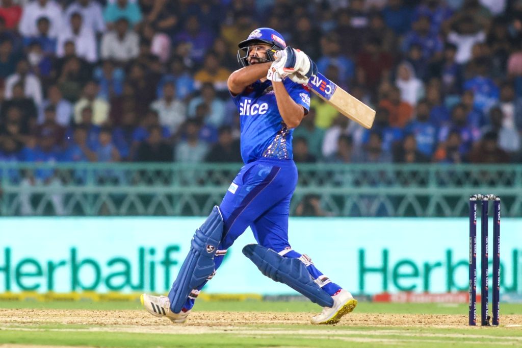 : Lucknow : Mumbai Indians captain Rohit Sharma plays a shot