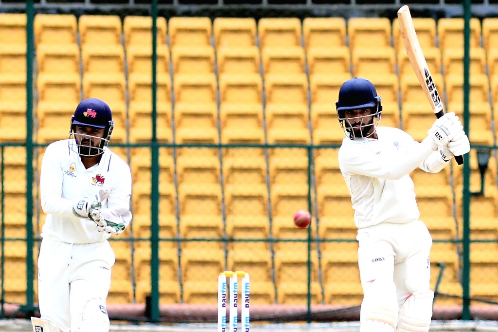 :Bengaluru:Madhya Pradesh batsman Rajat Patidar plays a shot.