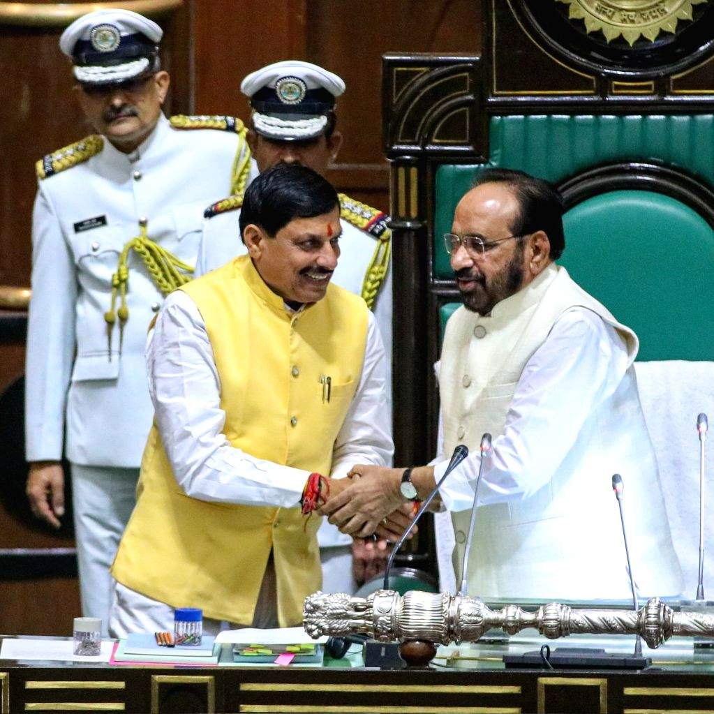 Madhya Pradesh Chief Minister Mohan Yadav being greeted by State ...