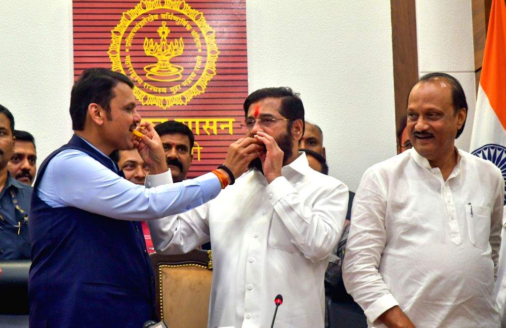 Maharashtra CM Eknath Shinde, along with Deputy CMs Devendra Fadnavis ...