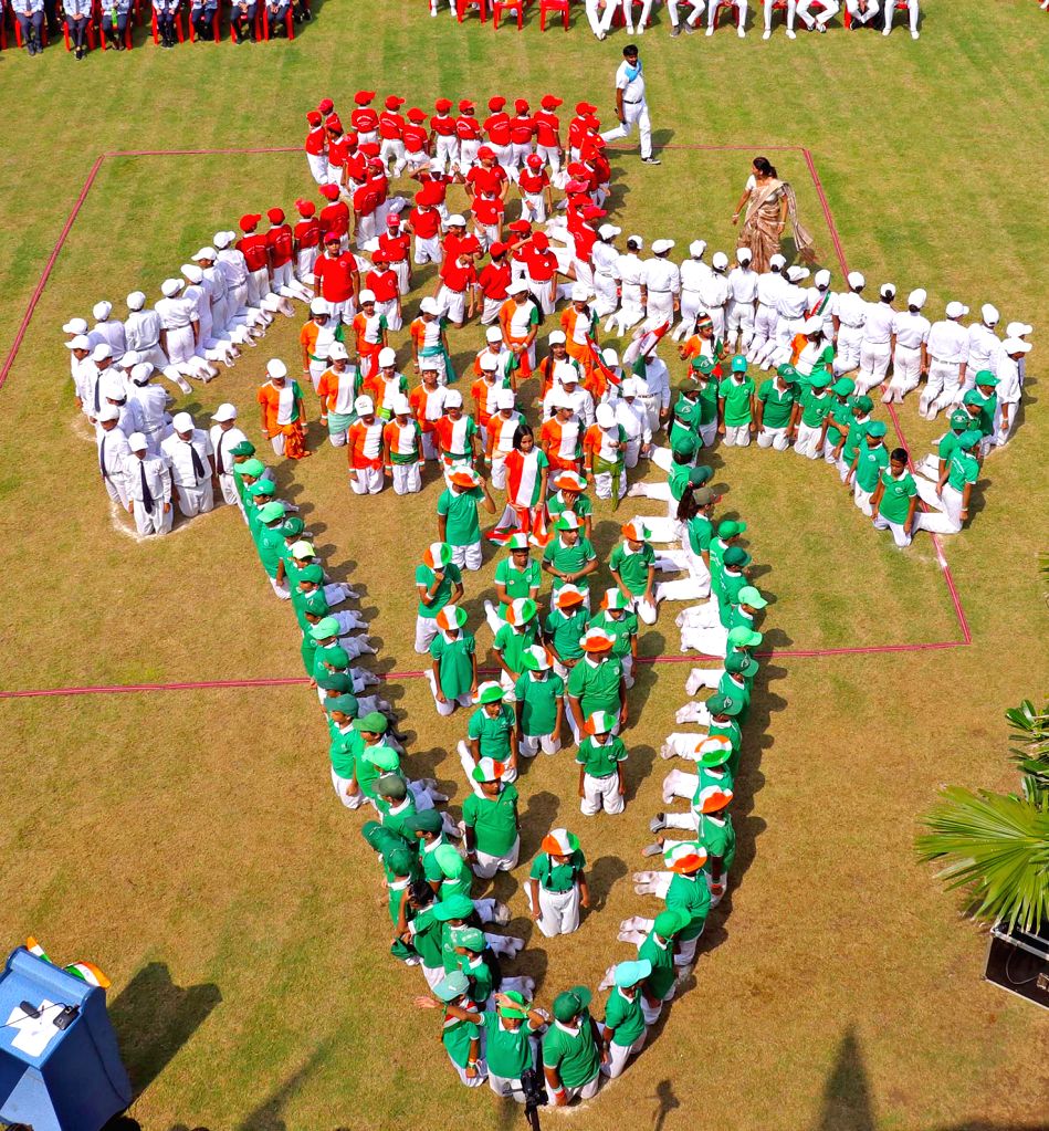 Mathura : School students stand in the formation of a map of India on ...